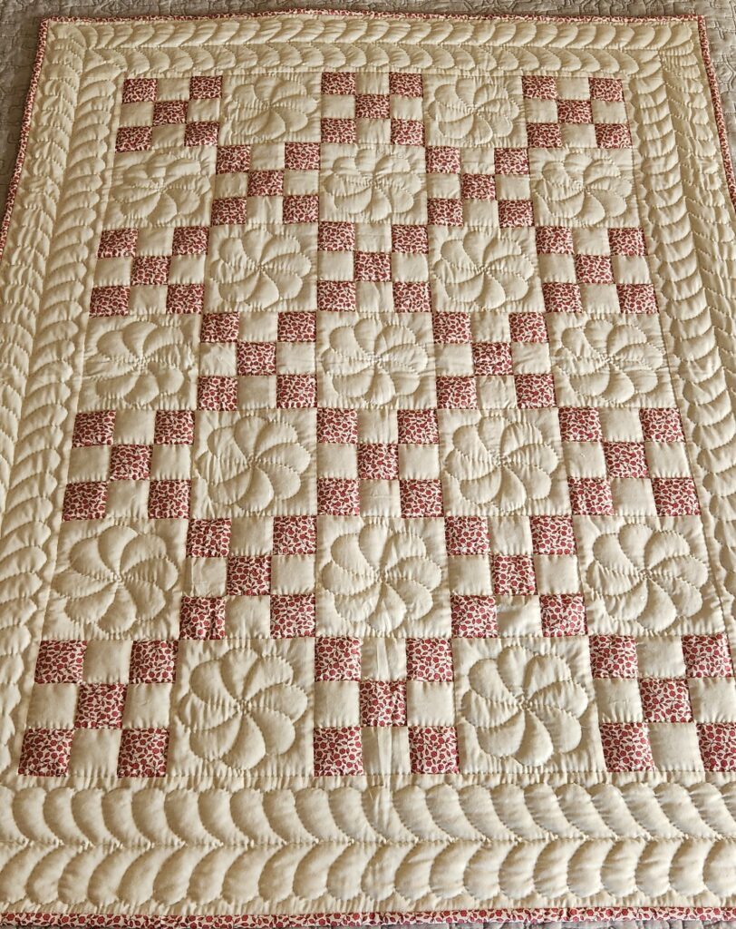 Cream and Pink Floral Nine Patch Quilt | Connie Lapp Quilts