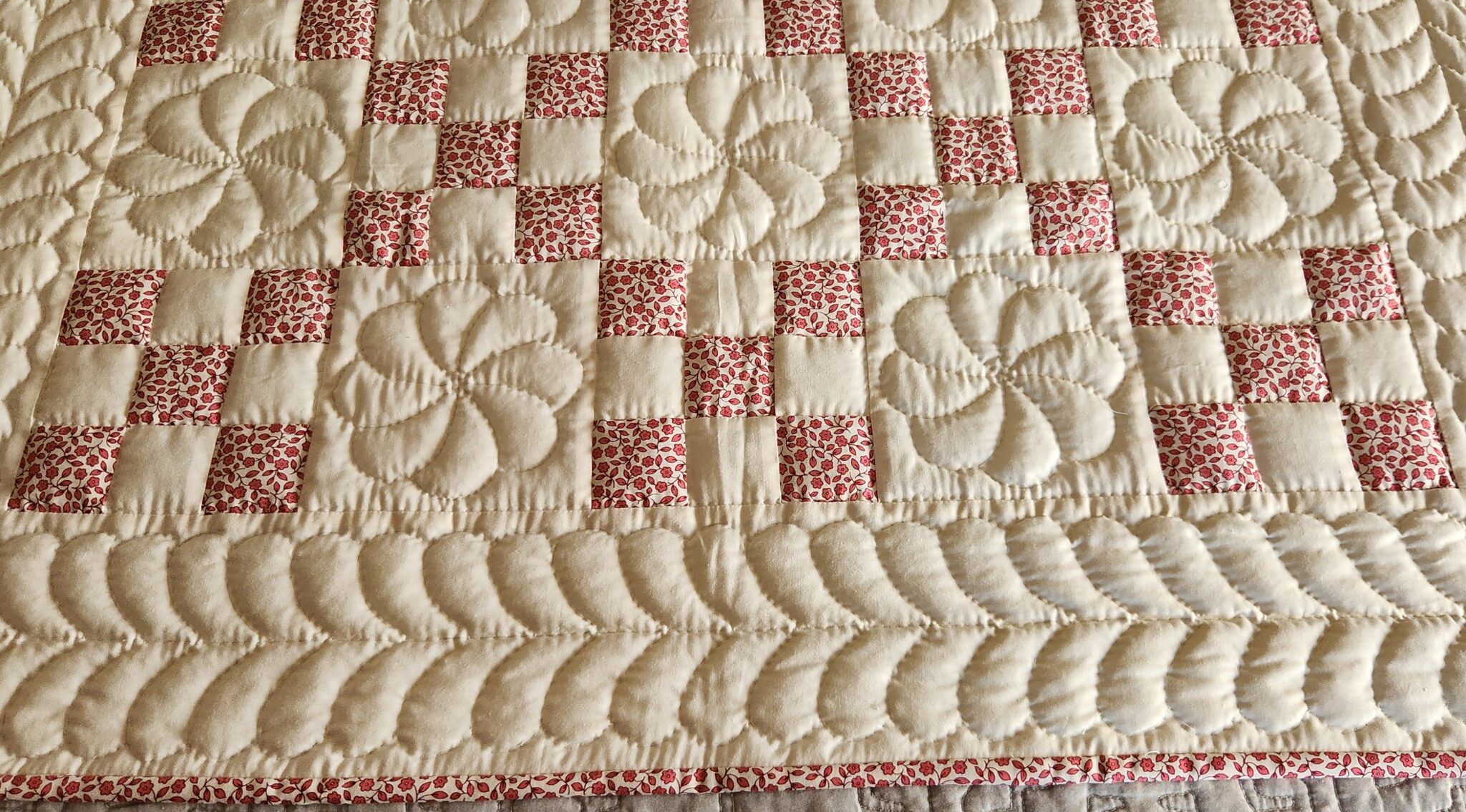Cream and Pink Floral Nine Patch Quilt | Connie Lapp Quilts